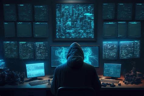 Premium Photo Hacker Works In Dark Room Man Uses Computers With Many