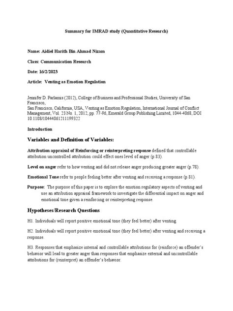 Format For Summary Of Scholarly Article S Imrad With Instructions And Example2020 1 Pdf