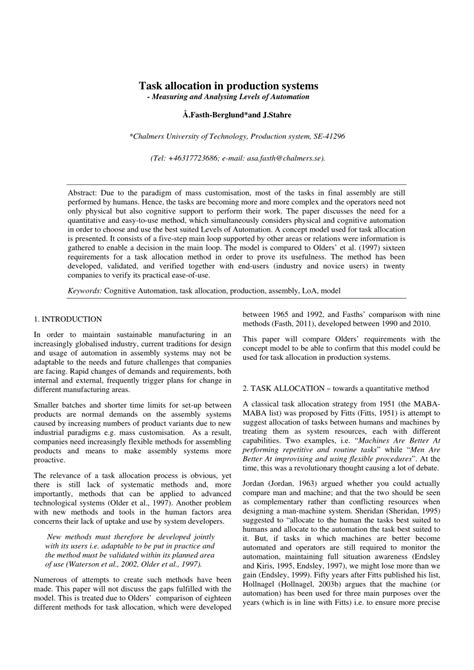 PDF Task Allocation In Production Systems Measuring And Analysing Levels Of Automation