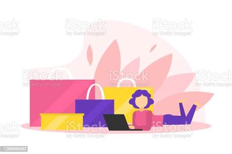 온라인 쇼핑 하는 여자 노트북 컴퓨터와 쇼핑 가방 그녀의 평면 벡터 일러스트 와 함께 바닥에 누워 소녀 0명에 대한 스톡 벡터 아트 및 기타 이미지 Istock