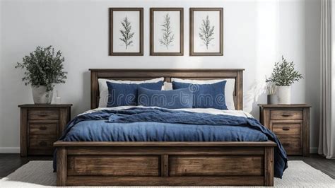 Modern Rustic Bedroom Interior With Wood Furniture And Blue Bedding