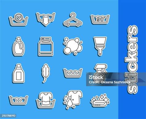 세트 라인 수건 스택 물 스프레이 병 창문 고무 클리너 옷걸이 옷장 세탁기 병 세척제 시간 세척 및 비누 물 거품 아이콘 벡터