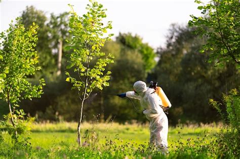 Premium Photo A Worker Sprays Pesticides On Trees Outdoors Pest Control
