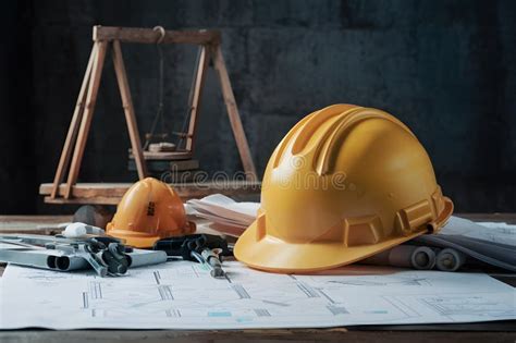 Engineers Hat Beside Detailed Drawings Preparation For Construction