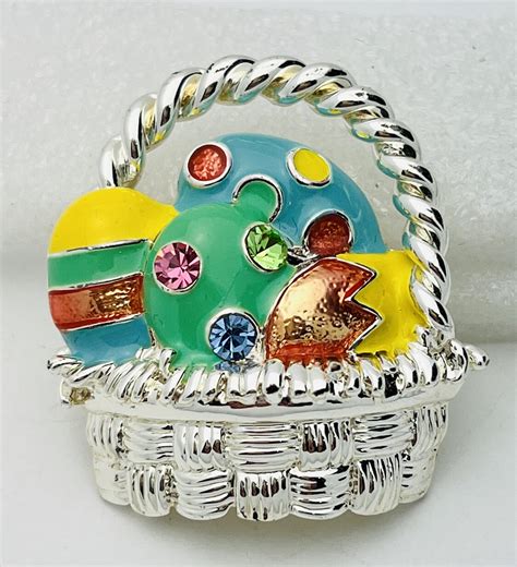Enamel Crystal Easter Basket Egg Pin Brooch Ebay