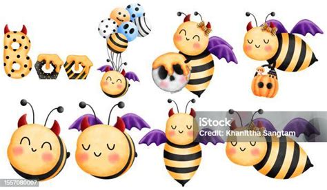 수채화 할로윈 작은 꿀벌 컬렉션입니다 빨간 뿔과 보라색 날개를 가진 귀여운 꿀벌 부 편지 두개골 꿀 호박 바구니 다채로운 풍선