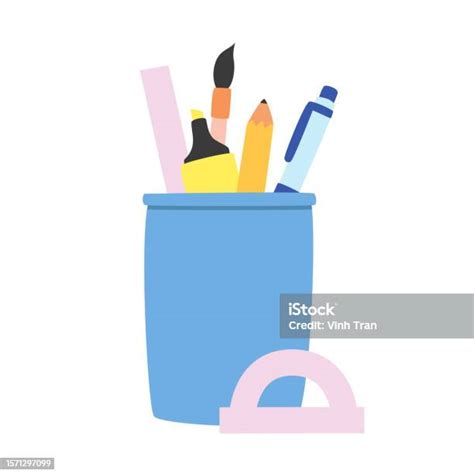 연필 냄비 클립 아트입니다 간단한 파란색 연필 냄비 또는 연필 홀더 다른 학용품 플랫 벡터 일러스트레이션 클립 아트 만화 스타일 손으로 그렸습니다 학생 교실 개학 개념 0