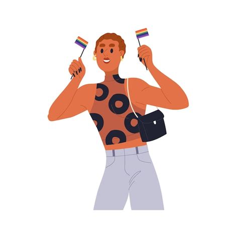 행복한 트랜스젠더 Lgbt 무지개 깃발을 손에 든 트랜스 여성 Lgbtq 인권 운동가 현대 패션 웃는 퀴어 캐릭터 평면 벡터 일러스트 레이 션 흰색 배경에 고립