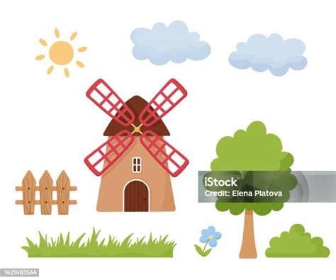 벡터 만화 풍차 울타리 나무 및 잔디는 흰색 배경에 고립되어 있습니다 플랫 귀여운 밀 일러스트레이션 시골 네덜란드 건물 꽃 식물에 대한 스톡 벡터 아트 및 기타 이미지
