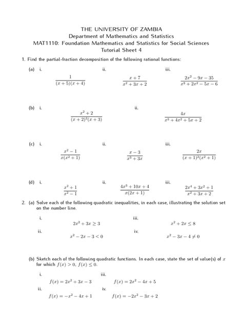 The University Of Zambia Department Of Mathematics And Statistics Mat1110 Foundation