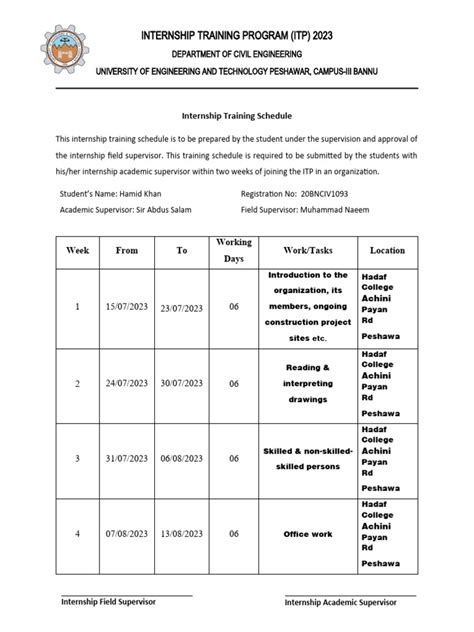 Sample Internship Weekily Training Schedule Proforma Pdf Peshawar Engineering