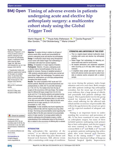 Pdf Timing Of Adverse Events In Patients Undergoing Acute And Elective Hip Arthroplasty
