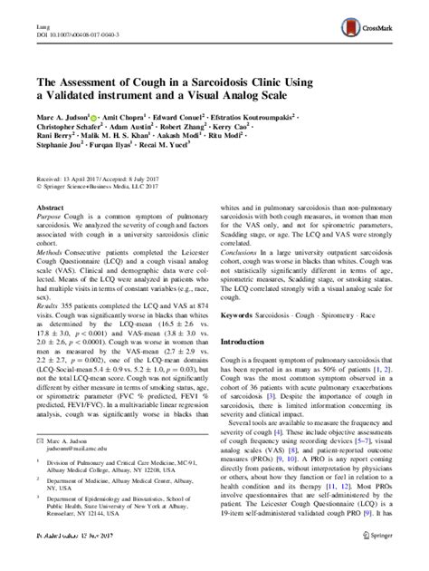 Pdf The Assessment Of Cough In A Sarcoidosis Clinic Using A Validated Instrument And A Visual