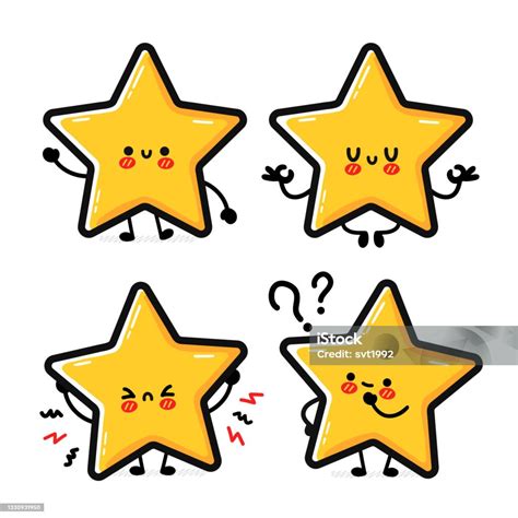 귀여운 재미 행복 한 스타 기호 캐릭터 세트 컬렉션 벡터 핸드 그린 만화 가와이 캐릭터 일러스트 아이콘 흰색 배경에 격리 별