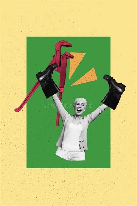 Vertical Sketch 3d Artwork Collage Poster Of Excited Repair Woman Wear