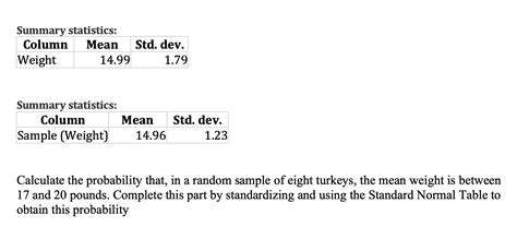 Solved Summary Statistics Column Mean Std Dev Weight