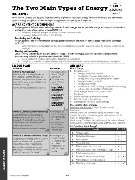 Year 8 Lesson Plan The Two Main Types Of Energy Pdf Potential