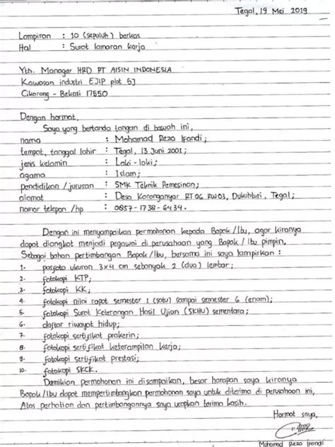 Contoh Surat Lamaran Kerja Tulis Tangan Yang Baik Dan Benar Qilat Id