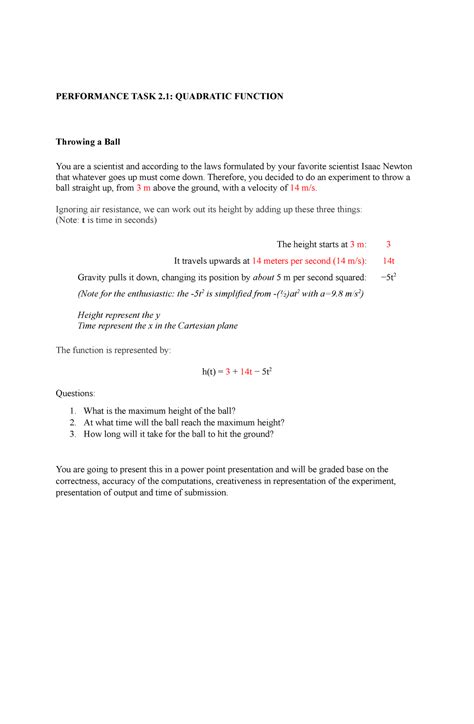 Ptask For Quadratic Function Performance Task 2 Quadratic Function