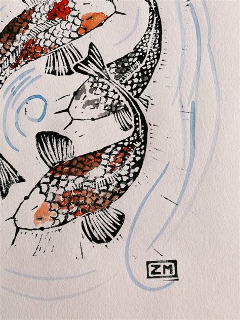 Prints Wood And Linocut Prints Koi Carp Linocut And Watercolour Print Art