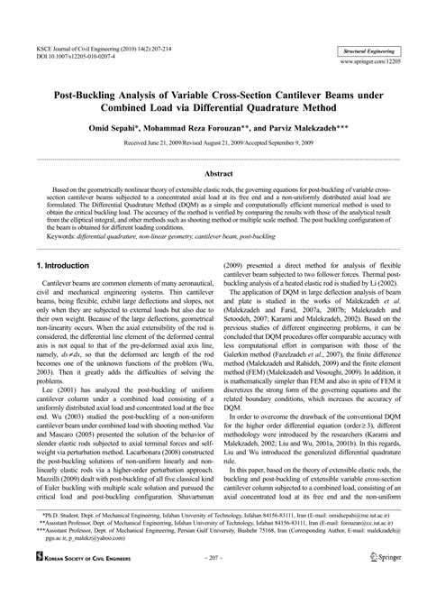 Pdf Post Buckling Analysis Of Variable Cross Section Cantilever Beams Under Combined Load Via
