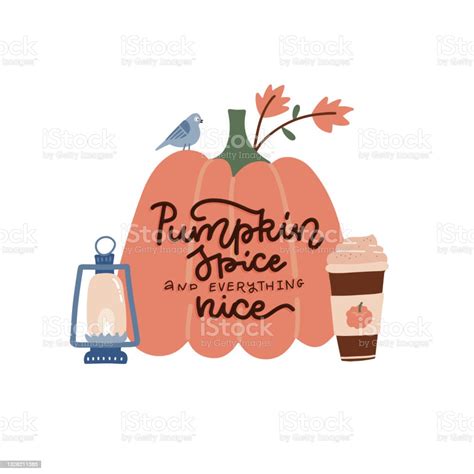 글자 인용과 손으로 그린 포스터 호박 향신료와 좋은 모든 것을 호박의 평면 벡터 가을 그림과 함께 서면 텍스트 커피 종이 컵과 오래된 등불 가을에 대한 스톡 벡터 아트 및