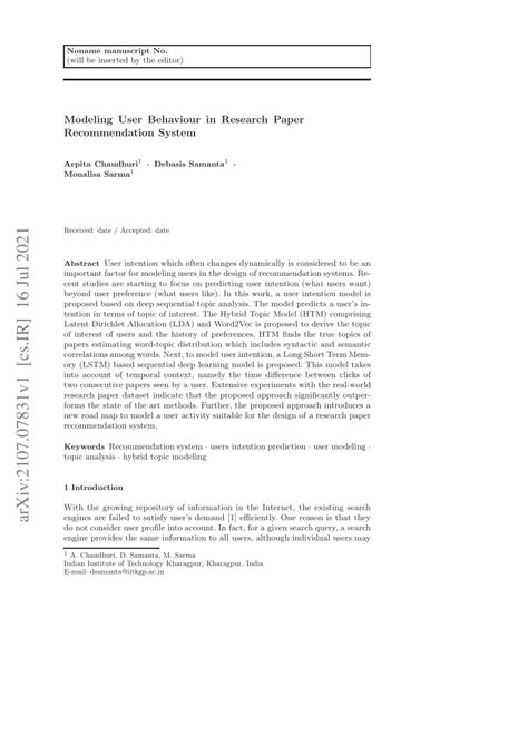 Pdf Modeling User Behaviour In Research Paper Recommendation System