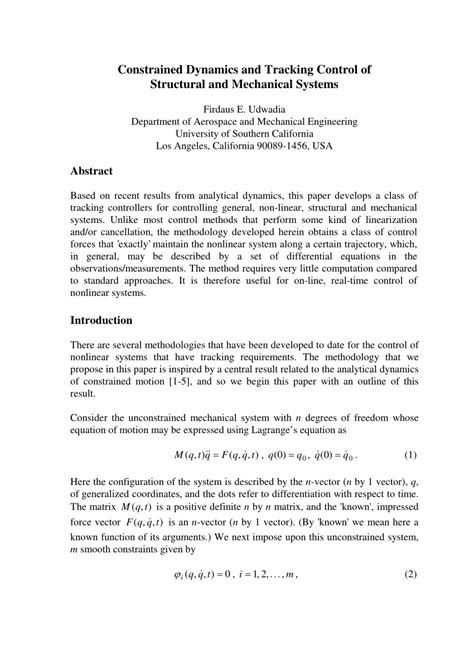 pdf constrained dynamics and tracking control of structural and