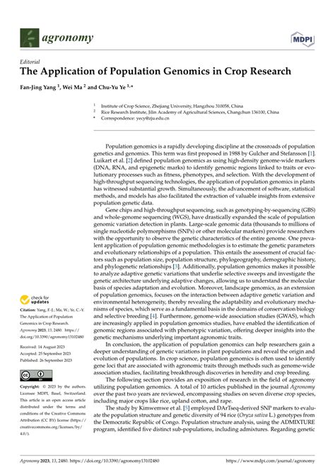 Pdf The Application Of Population Genomics In Crop Research