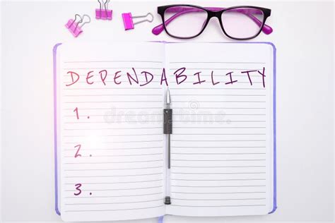 Text Caption Presenting Dependability Word For Capable Of Being Trusted Or Depended On Stock