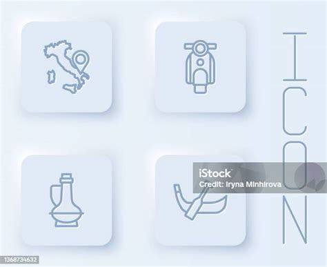 이탈리아 스쿠터 병 올리브 오일과 곤돌라 보트의 세트 라인지도 흰색 정사각형 버튼 벡터 건강한 생활방식에 대한 스톡 벡터 아트 및 기타 이미지 Istock