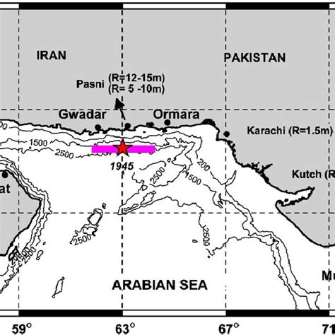 Areas Affected By The Makran Tsunami Of 1945 In The Msz And Reported Download Scientific