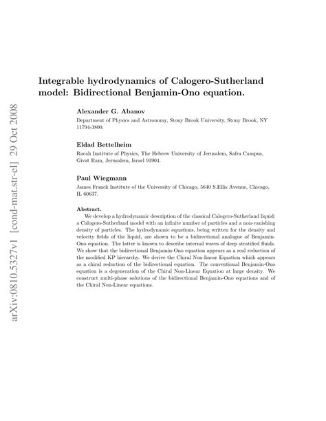 Pdf Integrable Hydrodynamics Of Calogero Sutherland Model Bidirectional Benjamin Ono Equation