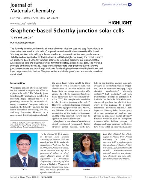 Pdf Graphene Based Schottky Junction Solar Cells