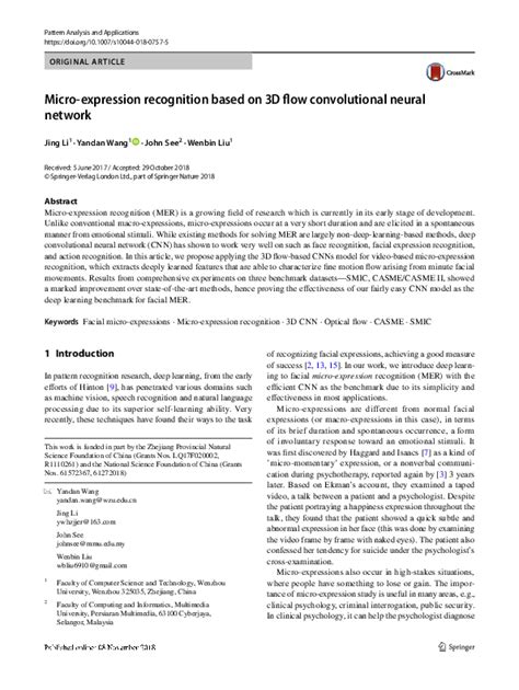 Pdf Pattern Analysis And Applications Micro‑expression Recognition