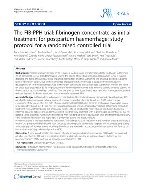 Pdf The Fib Pph Trial Fibrinogen Concentrate As Initial Treatment For Postpartum Haemorrhage