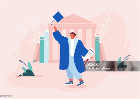 아카데믹 캡과 가운에 젊은 남자 동창대학 건물 배경에 졸업장 증명서를 개최 졸업 학생 축 하 캐릭터 웃음 과 점프 만화 플랫