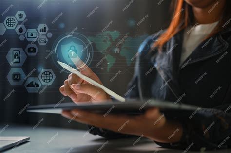 Premium Photo Cyber Security And Data Protection Businesswoman Touching Security Lock Icon