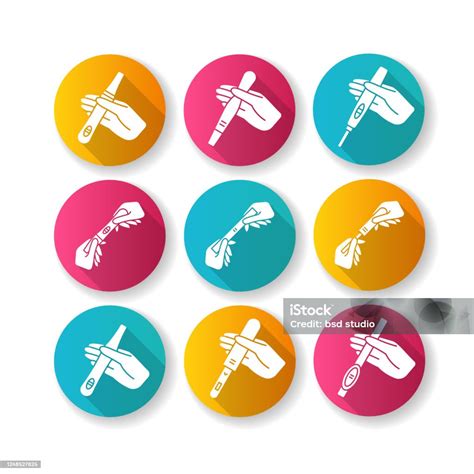 임신 초기 기호 평면 디자인 긴 그림자 글리프 아이콘 세트 임산부에 대한 긍정적 인 테스트 두 줄 깜짝 결과 다산과 배란 부인과 검사 실루엣 Rgb 컬러 일러스트레이션 0