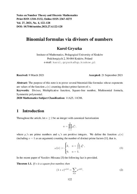 Pdf Binomial Formulas Via Divisors Of Numbers