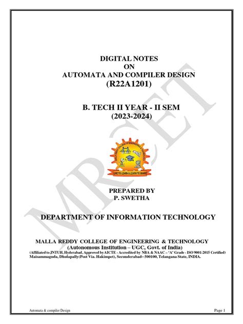 It R22 2 2 Automata And Compiler Design Digital Notes 2023 24 Pdf Parsing