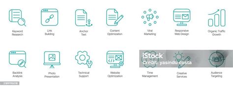 포괄적인 디지털 마케팅 및 Seo 아이콘 세트 키워드 연구 링크 구축 앵커 텍스트 콘텐츠 최적화 바이럴 마케팅 반응형 웹 디자인 유기적 트래픽 성장 백링크 분석 0명에 대한