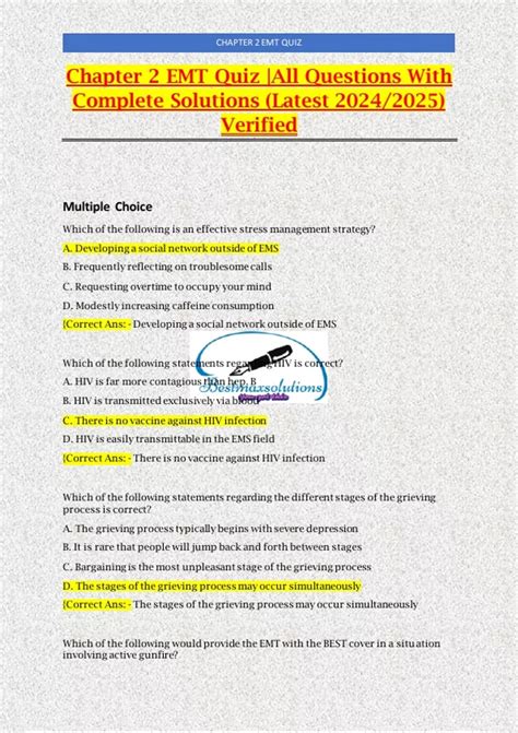 Chapter 2 EMT Quiz All Questions With Complete Solutions Latest 2024 2025 Verified Chapter