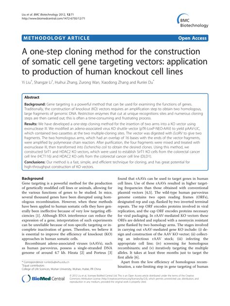 Pdf A One Step Cloning Method For The Construction Of Somatic Cell Gene Targeting Vectors