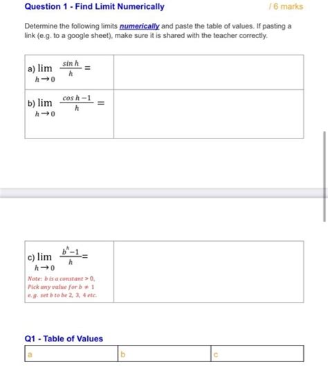 solved solve the limits numerically and make a table of