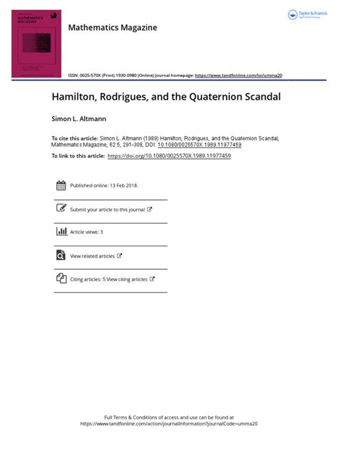 Hamilton Rodrigues And The Quaternion Scandal Mathematics Magazine Pdf Cartesian