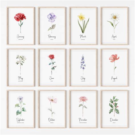 Set Of 12 Watercolor Birth Month Flowers Prints Birth Flower Printable