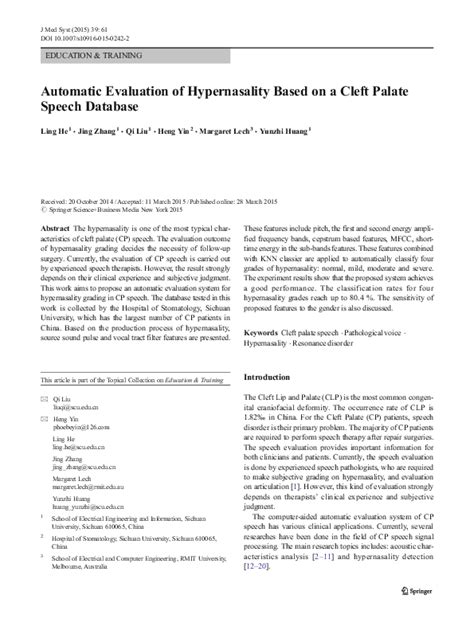 Pdf Automatic Evaluation Of Hypernasality Based On A Cleft Palate Speech Database Margaret