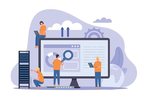 Web Hosting Or Cloud Computing Poster With System Admins People Maintain Data Technology