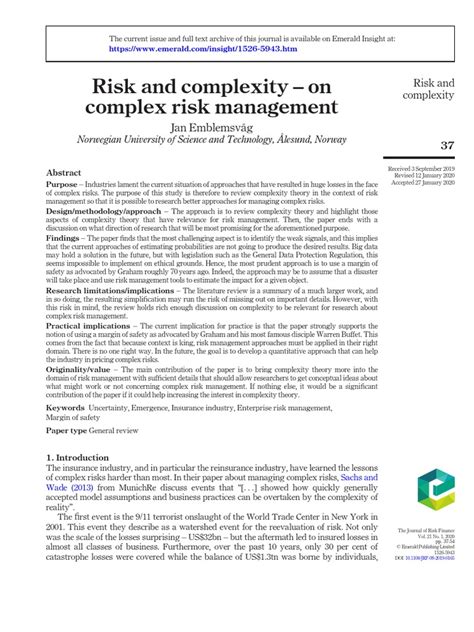 Risk And Complexity On Complex Risk Management Pdf Chaos Theory Risk